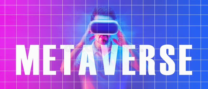 Man Wearing 3D VR Headset Overlay with Neon Letters of Metaverse Stock ...
