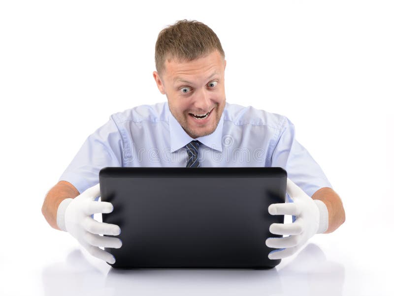 Man Wearing Gloves with Just Bought a New Laptop Stock Photo - Image of ...