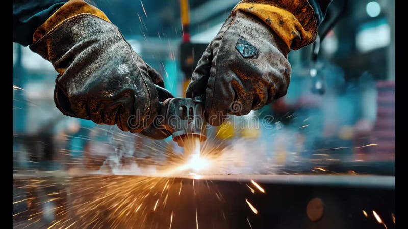 Man is Wearing Gloves and Working with a Piece of Metal. Concept of ...