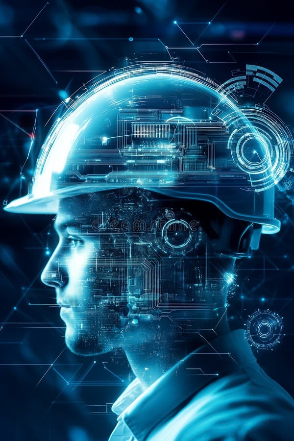 A Man Wearing a Hard Hat Engages with Virtual Technology and ...