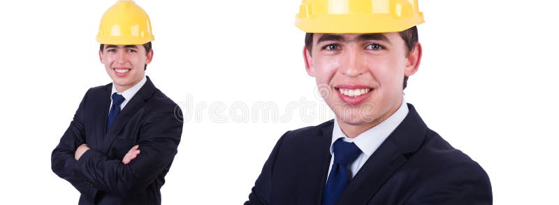 Man Wearing Hard Hat Isolated on White Stock Image - Image of ...