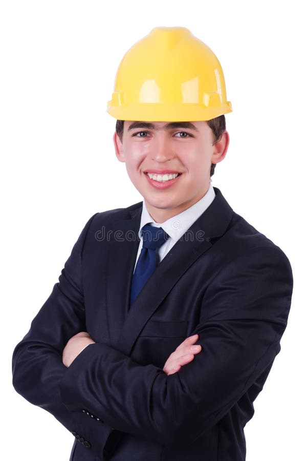 Man wearing hard hat stock photo. Image of design, plan - 44319970