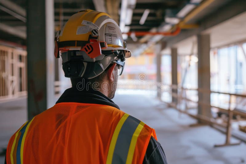 A Man Wearing a Hard Hat and Safety Vest while Working on a ...