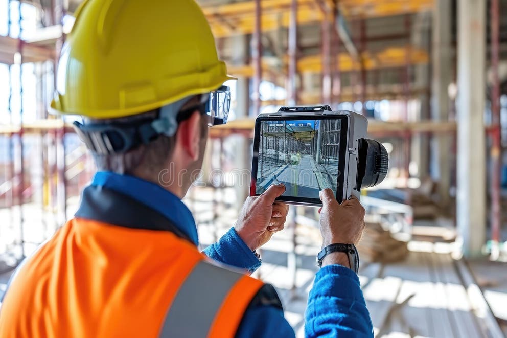 A Man Wearing a Hard Hat Securely Holds a Tablet while on a ...