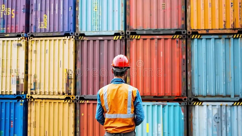 A Man Wearing a Hard Hat Standing in Front of a Stack of Shipping ...
