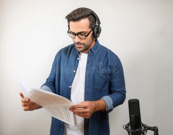 A Focused Male Voice Over Artist Holding a Script, Adjusting Mic ...