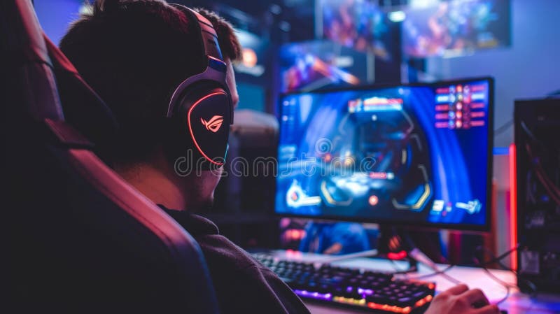 Man Wearing Headphones Sitting in Front of Computer Stock Illustration ...
