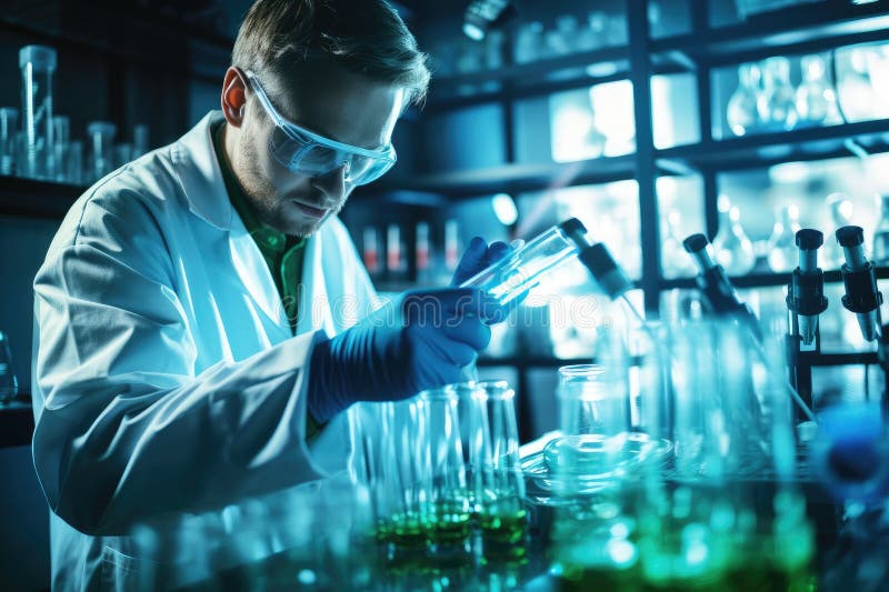 A Man Wearing a Lab Coat and Goggles is Working Diligently in a ...