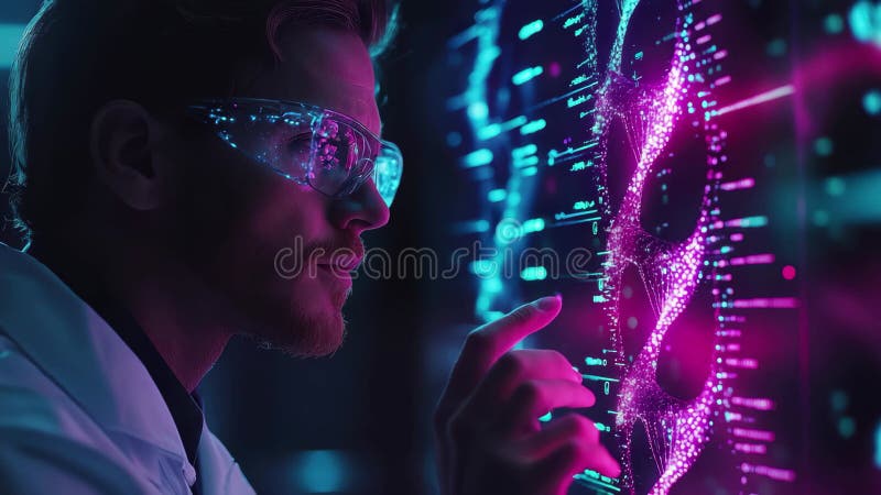 Man Wearing a Lab Coat is Looking at a Computer Screen with a DNA ...