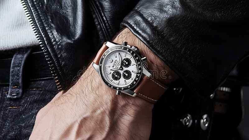 A Man Wearing a Leather Jacket and a Watch with a Black Band Stock ...