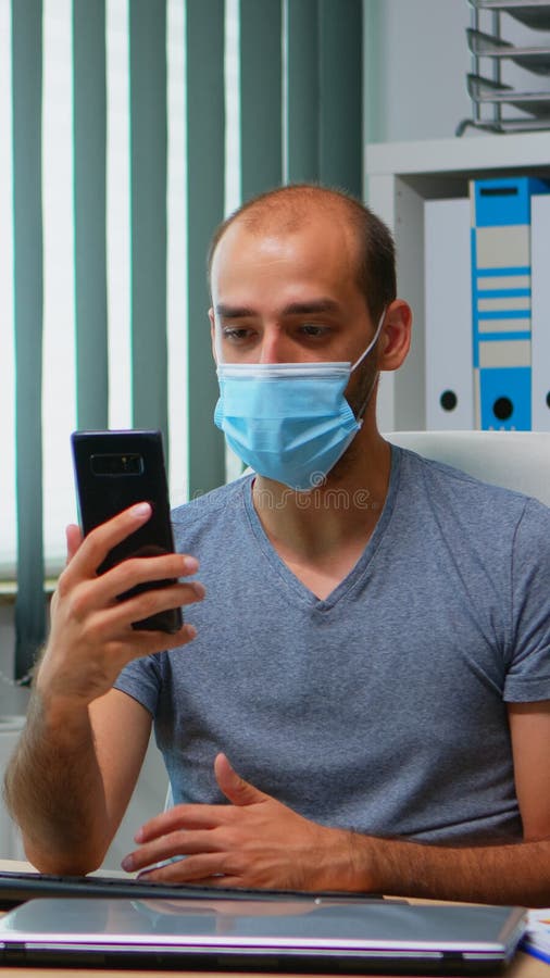Man Wearing Mask Using Webcam Stock Photo - Image of outbreak ...