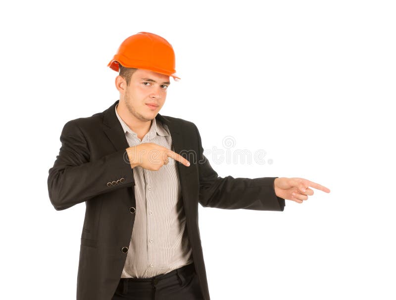 Man Wearing Orange Hard Hat Pointing To the Side Stock Image - Image of ...