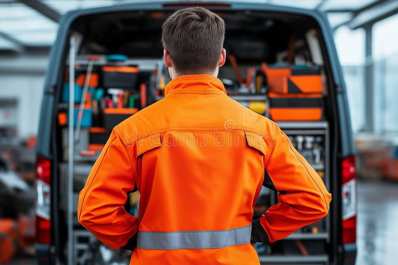 Man Wearing Orange Jacket Stands in Front of Work Van Filled with Tools ...