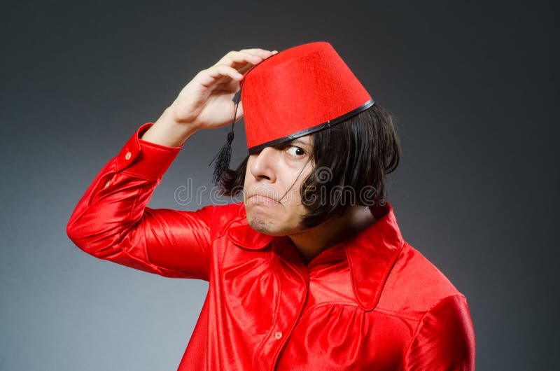 The Man Wearing Red Fez Hat Stock Image - Image of happy, frightened ...