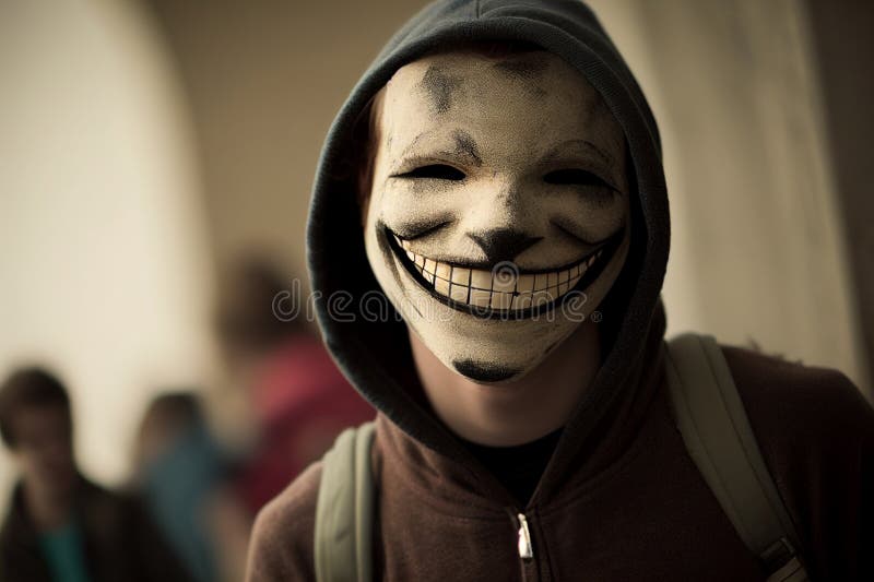 Man Wearing a Smiling Face Mask To Hide His Feelings Behind the Mask ... Man Wearing a Smiling Face Mask To Hide His Feelings Behind the Mask ...