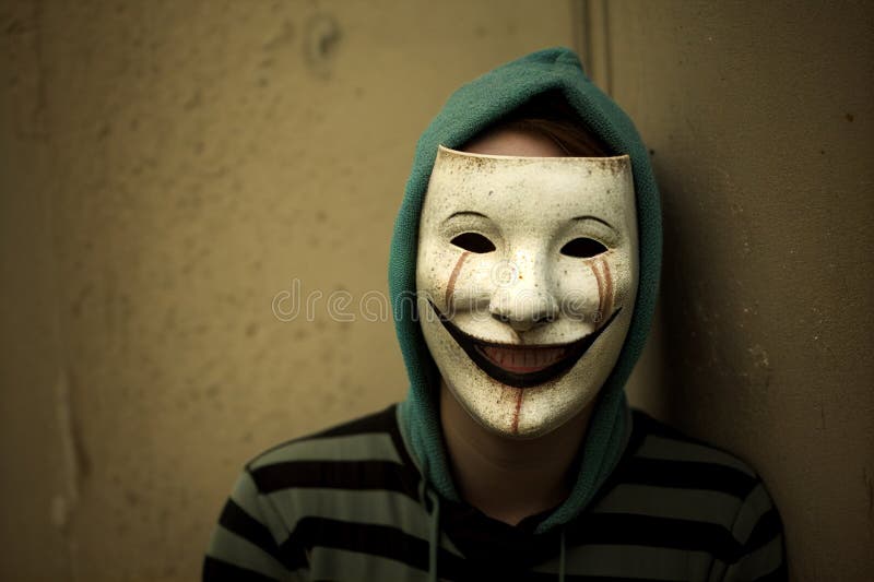 Man Wearing a Smiling Face Mask To Hide His Feelings Behind the Mask ... Man Wearing a Smiling Face Mask To Hide His Feelings Behind the Mask ...