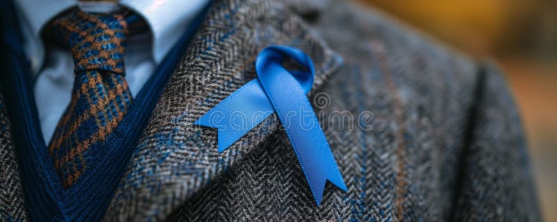 A Man Wearing a Suit Featuring a Blue Ribbon on His Lapel Stock Image ...