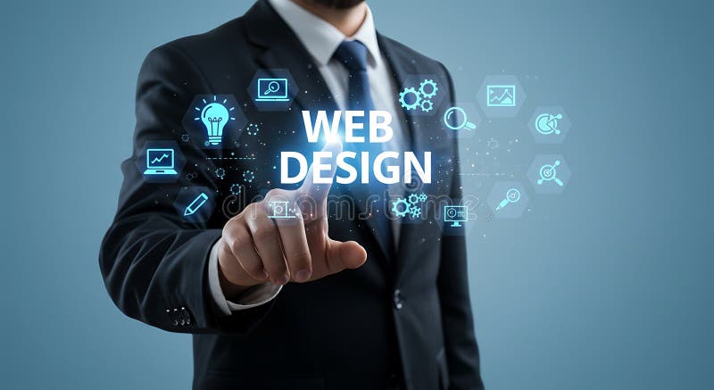 A Man Wearing a Suit Touches a Virtual Interface Displaying the Words ...