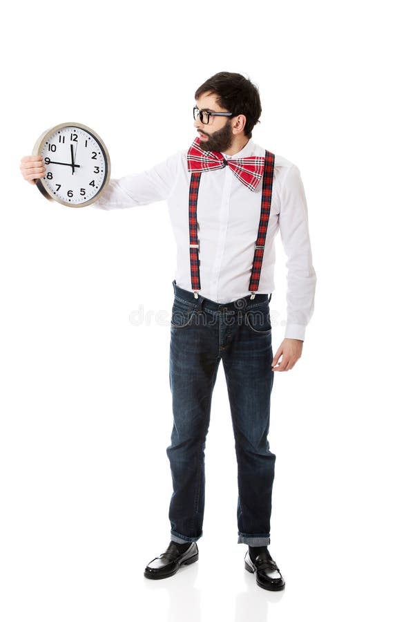 Man Wearing Suspenders Holding Big Clock. Stock Photo - Image of ...