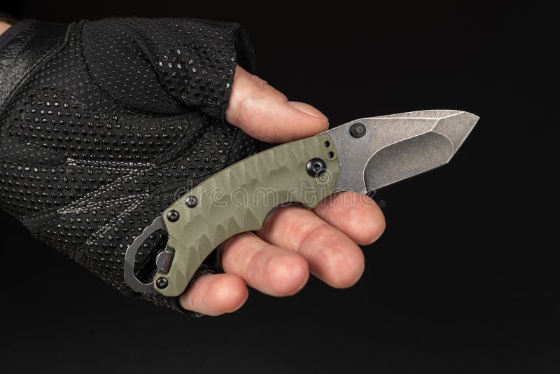 The Man Wearing Tactical Gloves Using Folding Knife Stock Image - Image ...