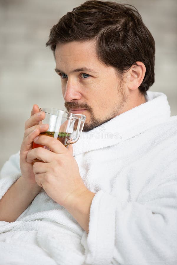 Man Wearing Towelling Robe Drinking Tea Stock Photo - Image of herbal ...