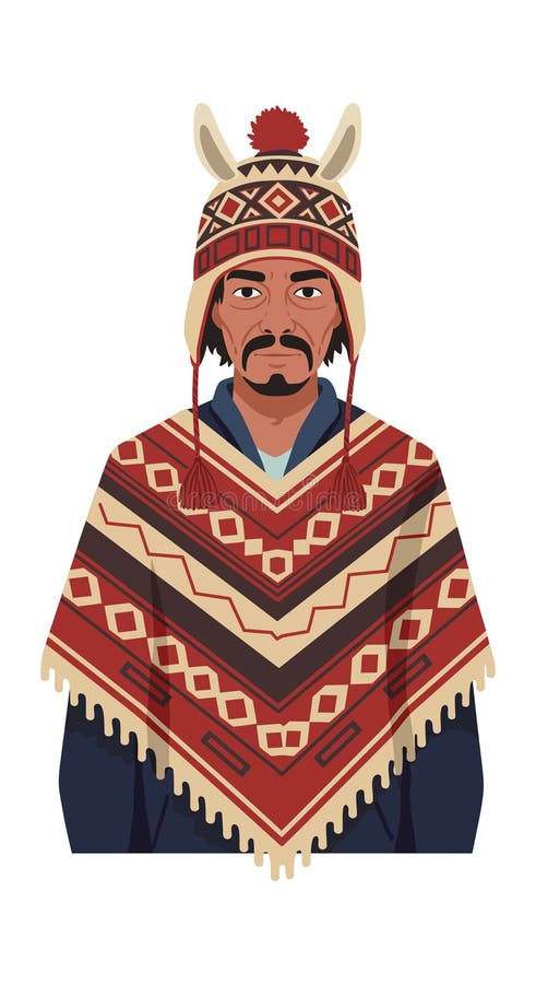 Man Wearing Traditional Andean Poncho and Chullo Hat with Geometric ...