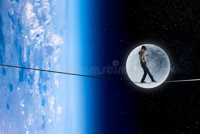 Man Wearing Virtual Reality Goggles and Balancing on Rope Stock Image ...