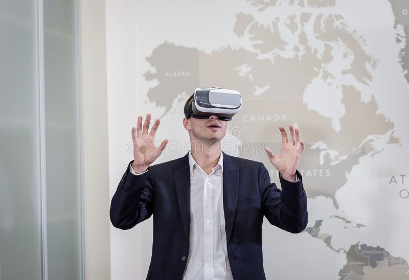 Man Wearing Virtual Reality Goggles,Businessman Making Gestures Stock ...