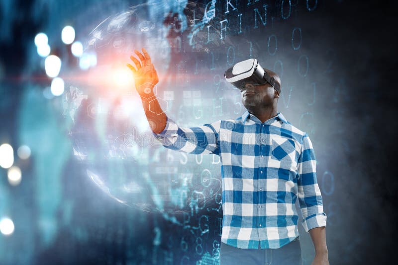 Man Wearing Virtual Reality Goggles. Mixed Media Stock Image - Image of ...