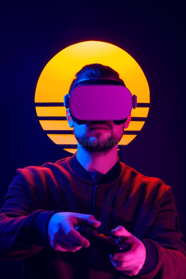 Man Wearing Virtual Reality Goggles Playing Video Game with Gamepad ...