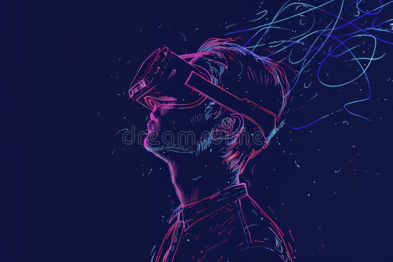 Man Wearing Virtual Reality Headset. Abstract Vr World with Neon Lines ...
