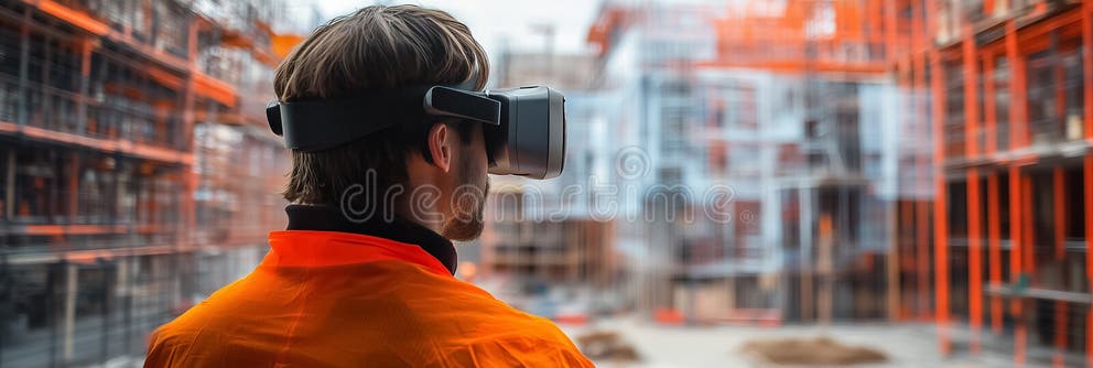 Man Wearing Virtual Reality Headset Engaged in Immersive Experience at Construction Site ...