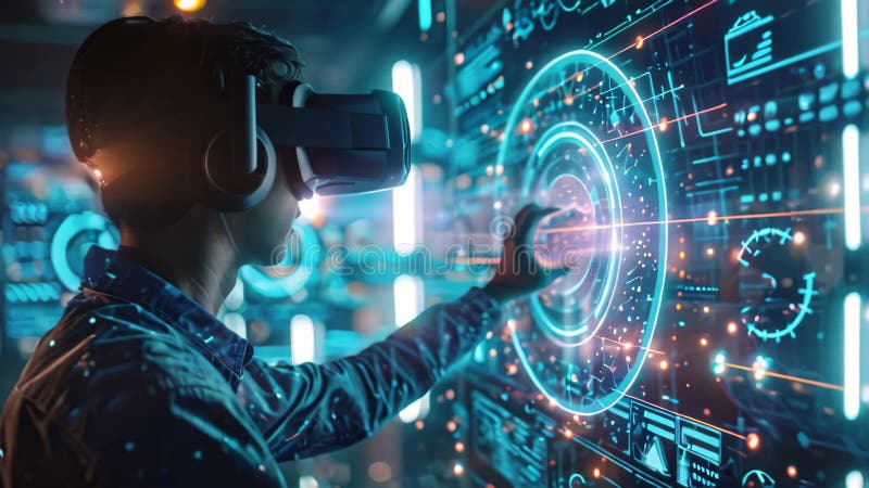 A Man Wearing a Virtual Reality Headset Engages in an Immersive ...