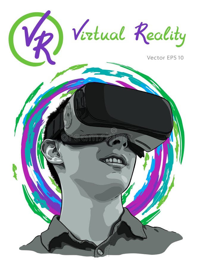 Man Wearing Virtual Reality Goggles. Hand Drawn Vector Illustration ...