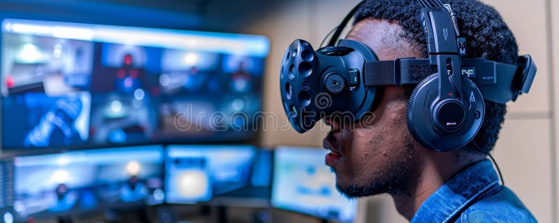 Man Using Virtual Reality Headset in Modern Control Room with Multiple ...