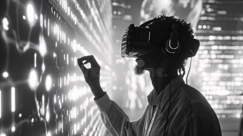 Man Wearing a Virtual Reality Headset Interacting with Hologram ...