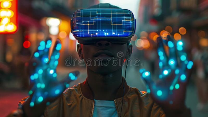 Man Wearing a Virtual Reality Headset Interacting with Holographic ...