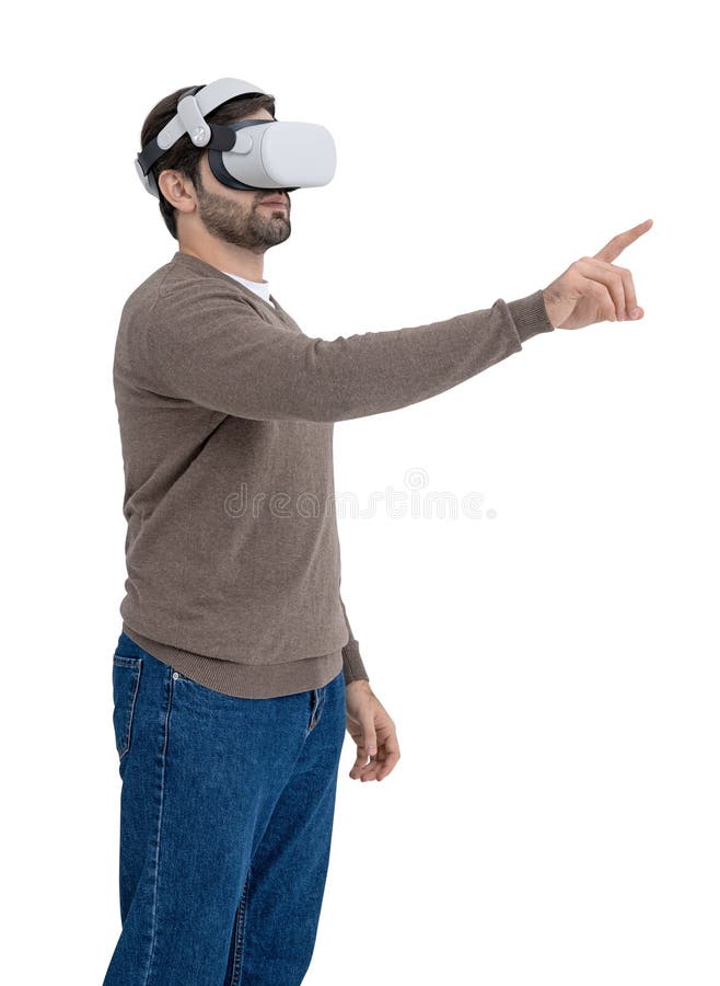 Man Wearing Virtual Reality Headset Interacting with VR Interfac Stock ...
