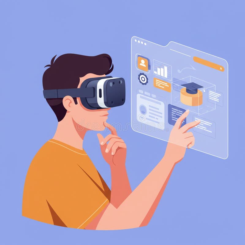 A Man Wearing a Virtual Reality Headset Interacts with a Digital ...