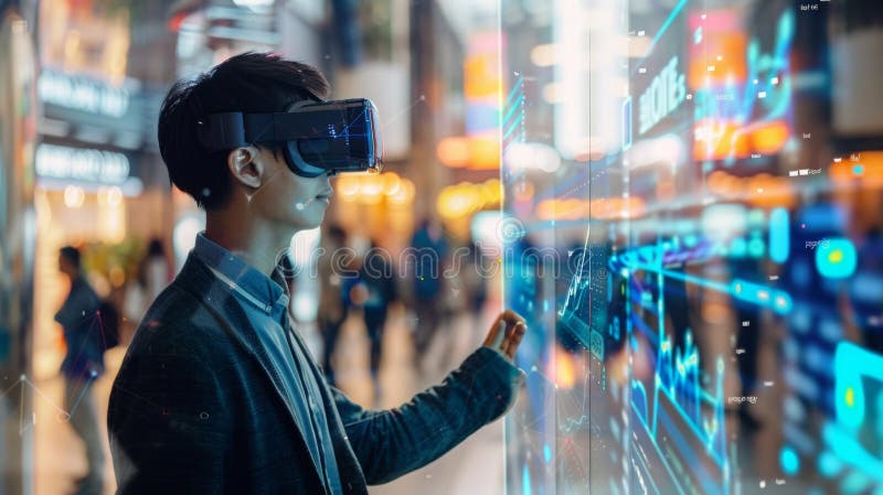 Man Using Virtual Reality Device in City Stock Illustration ...