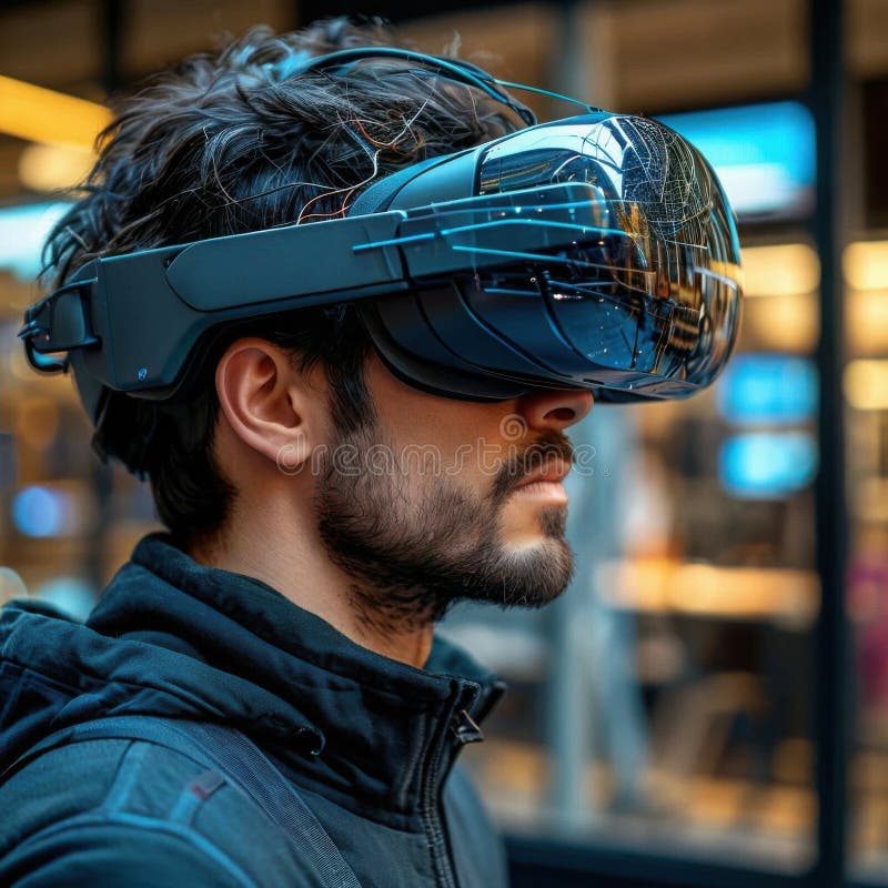 A Man Wearing a Virtual Reality Helmet Stock Illustration ...