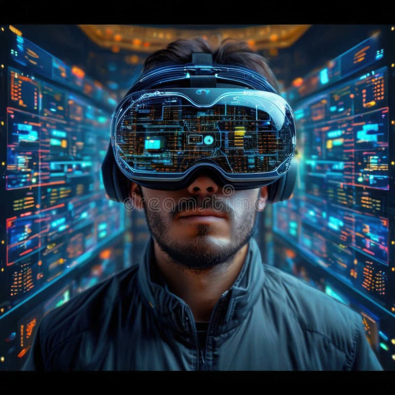 A Man Wearing a Virtual Reality Helmet Stock Illustration ...