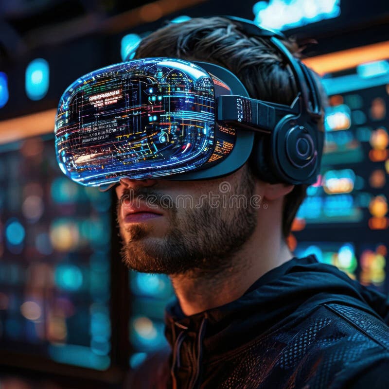 A Man Wearing a Virtual Reality Helmet Stock Illustration ...