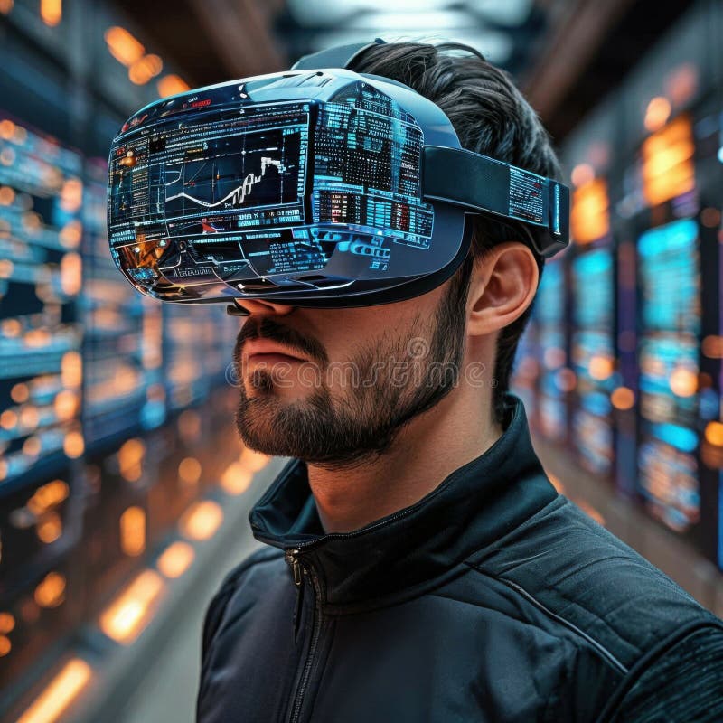 A Man Wearing a Virtual Reality Helmet Stock Illustration ...