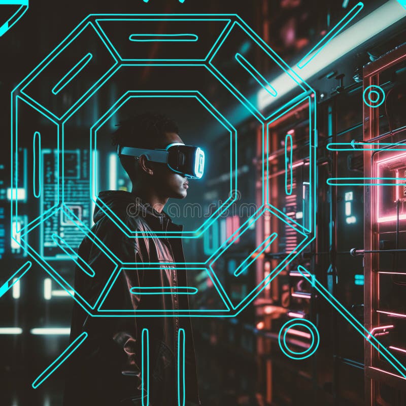 A Man Wearing a Virtual Reality (VR) Headset Stands in Front of a Neon ...