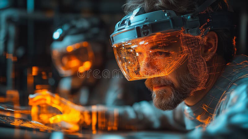 A Man Wearing a Visor and Goggles is Looking at a Computer Screen. the ...