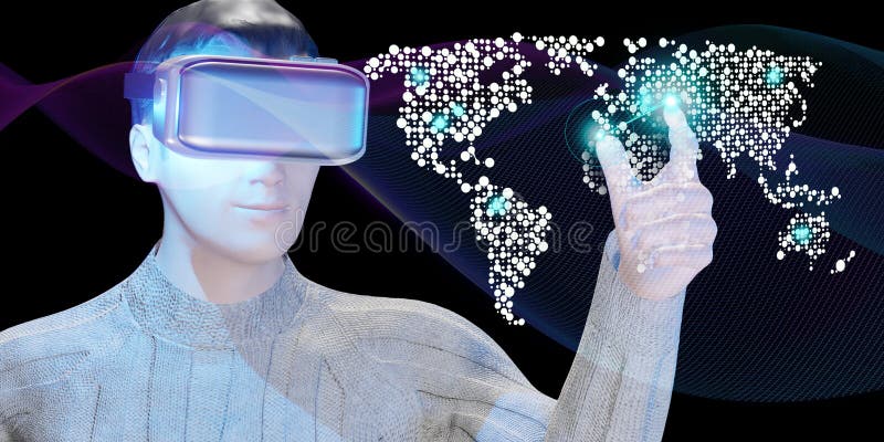 Man Wearing Vr Glasses Holographic World Map Virtual Touch and Virtual ...