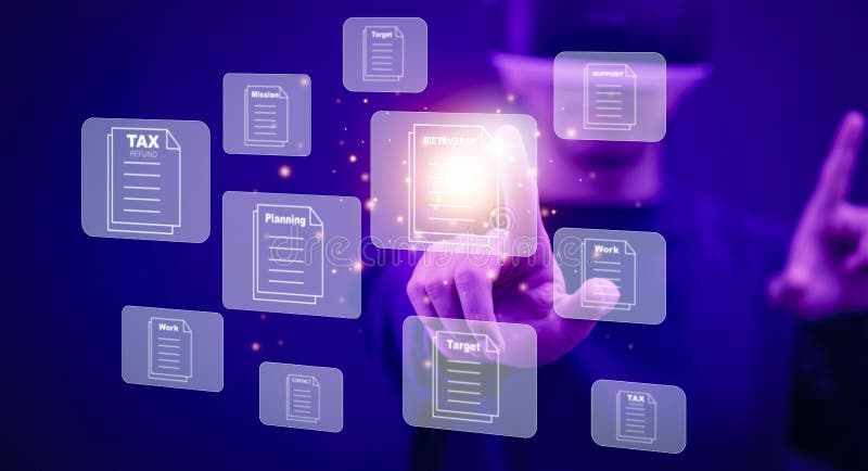 Man Wearing VR Glasses Touch Folder of Document Management System ...