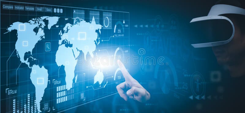 Man Wearing VR Glasses Touches the Virtual Globe with Innovation with ...