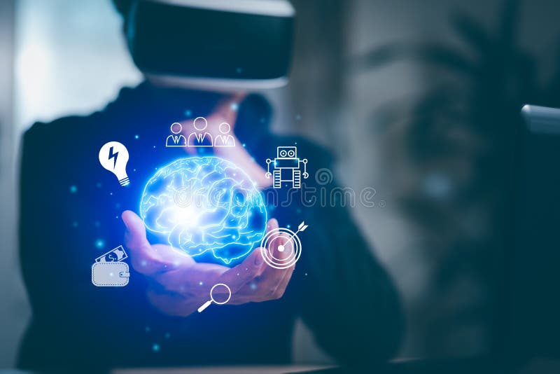 Man Wearing VR Glasses Virtual with Brain Icon and Line Control in ...